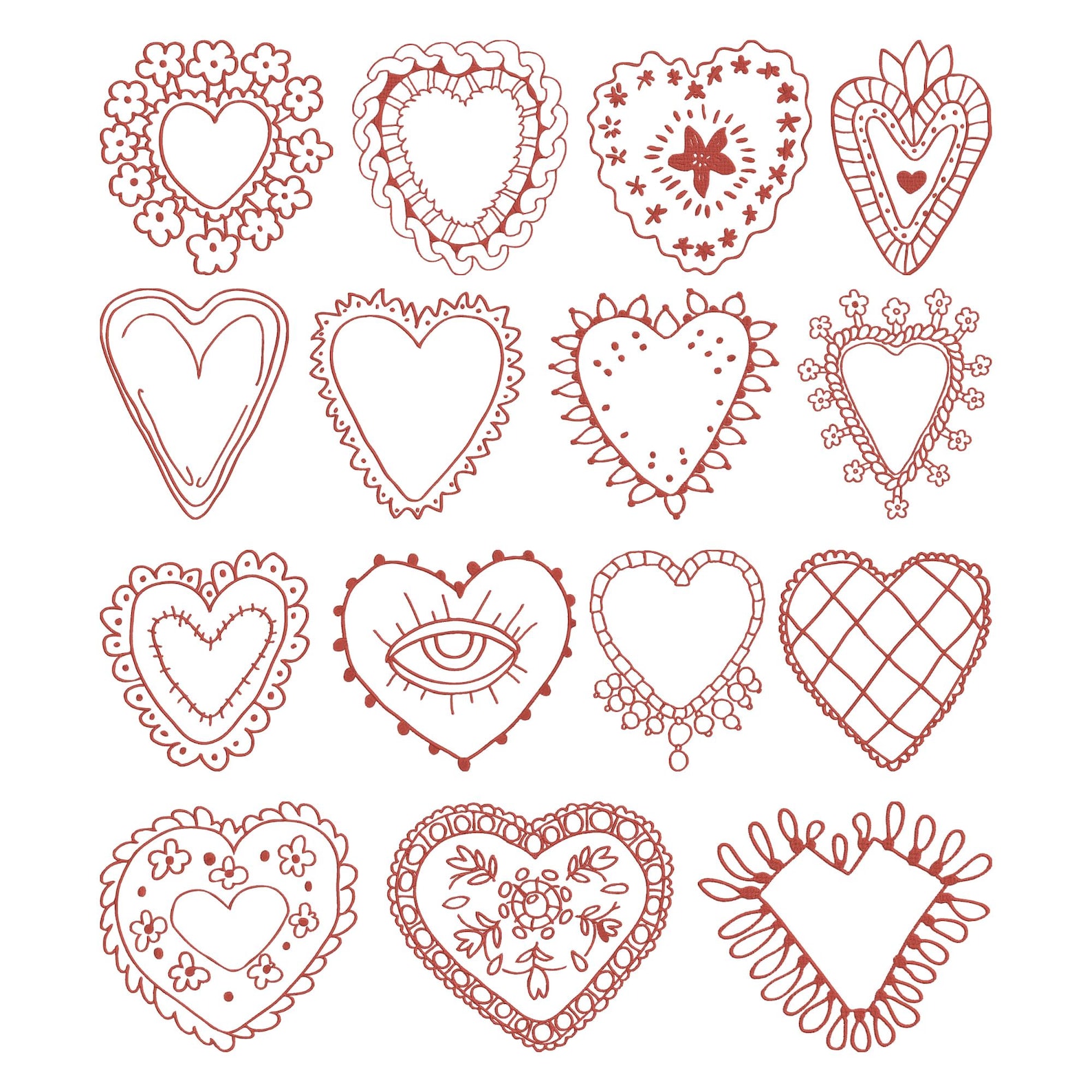 Heart Line Art Embroidery Design, Hand Drawn Folk Heart Machine ...