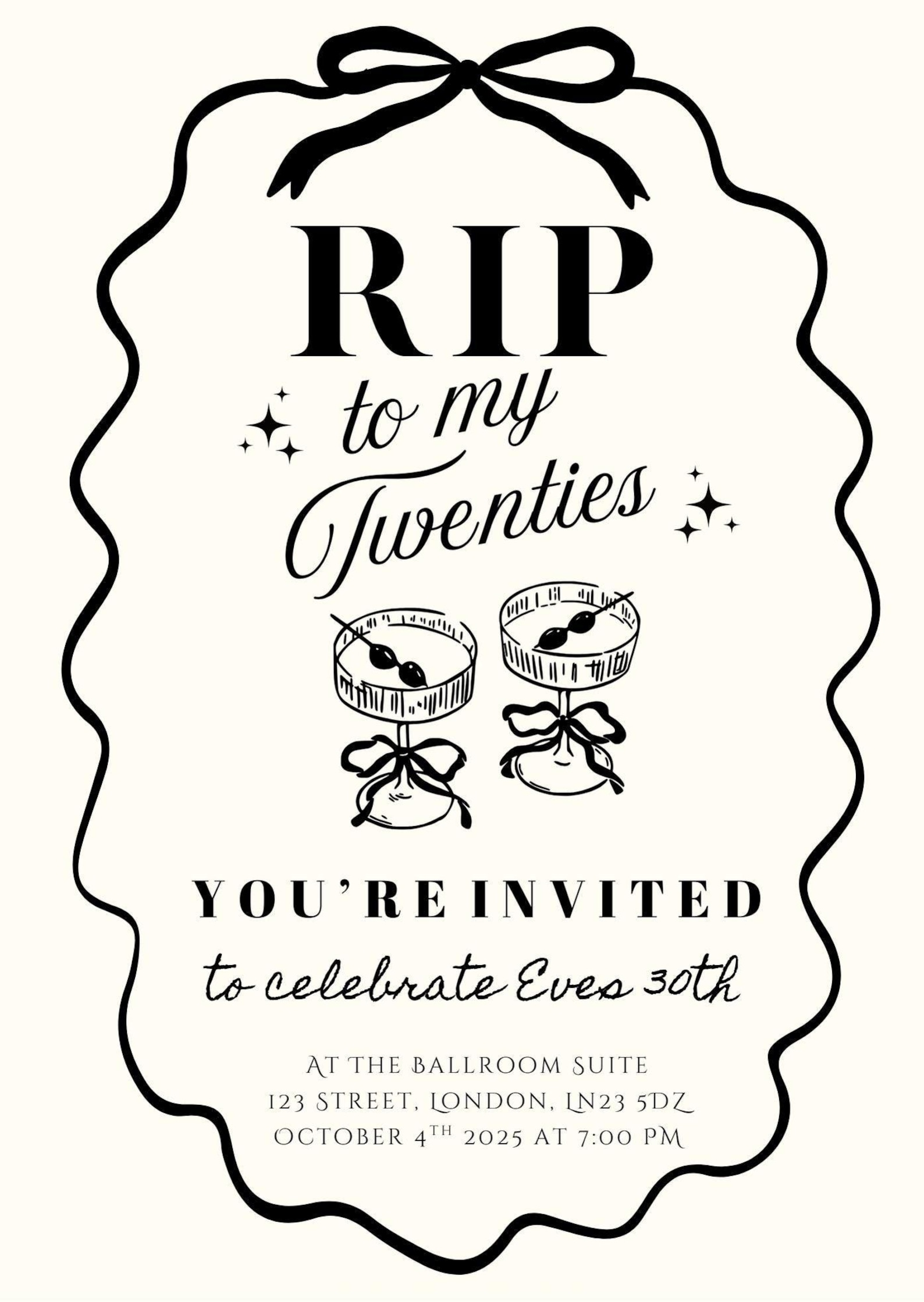 30th Birthday Invitation, RIP 20s, Black, Bow, - Etsy