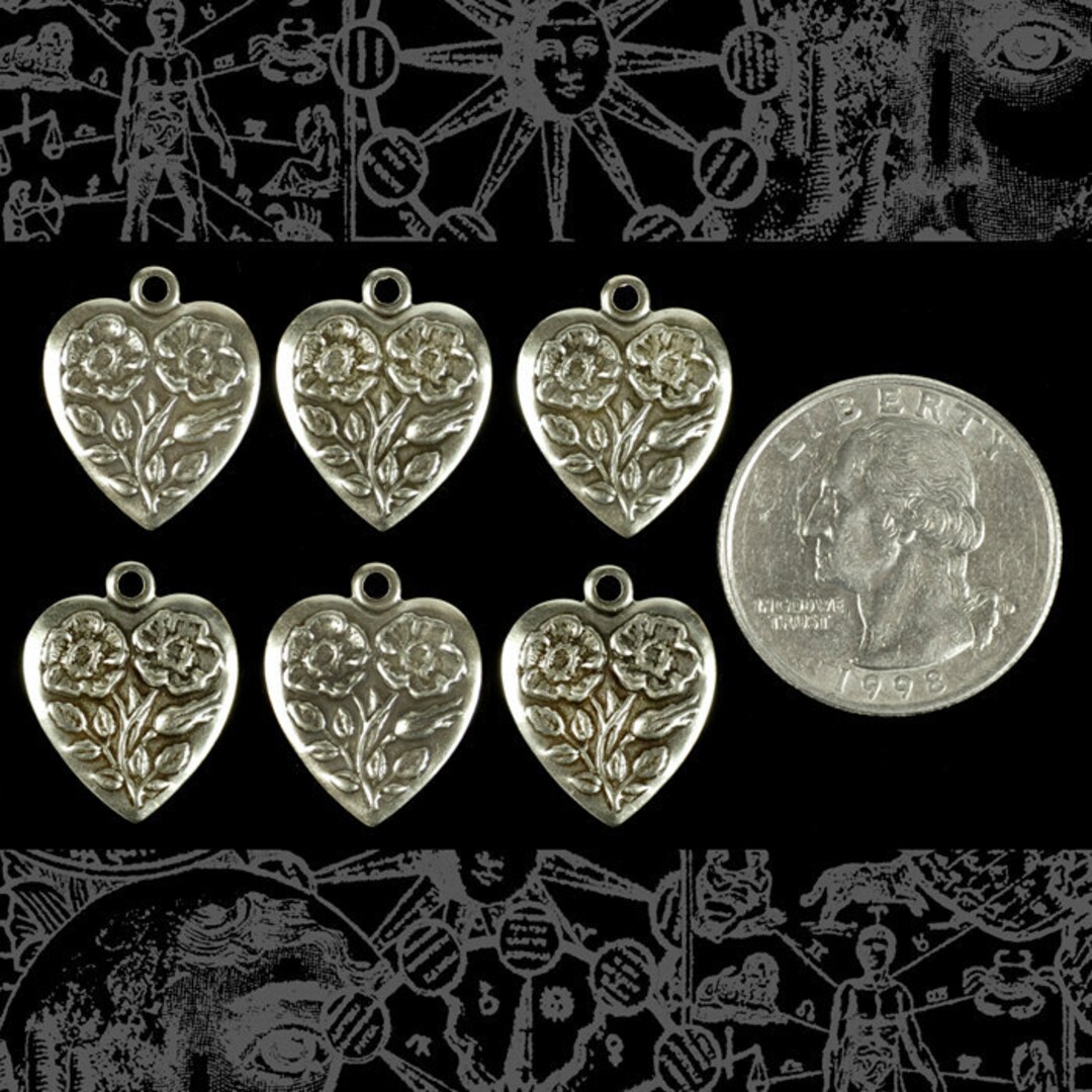 Antiqued Silver Plated Brass Floral Heart Charms, Set of Six - XXX - *S ...