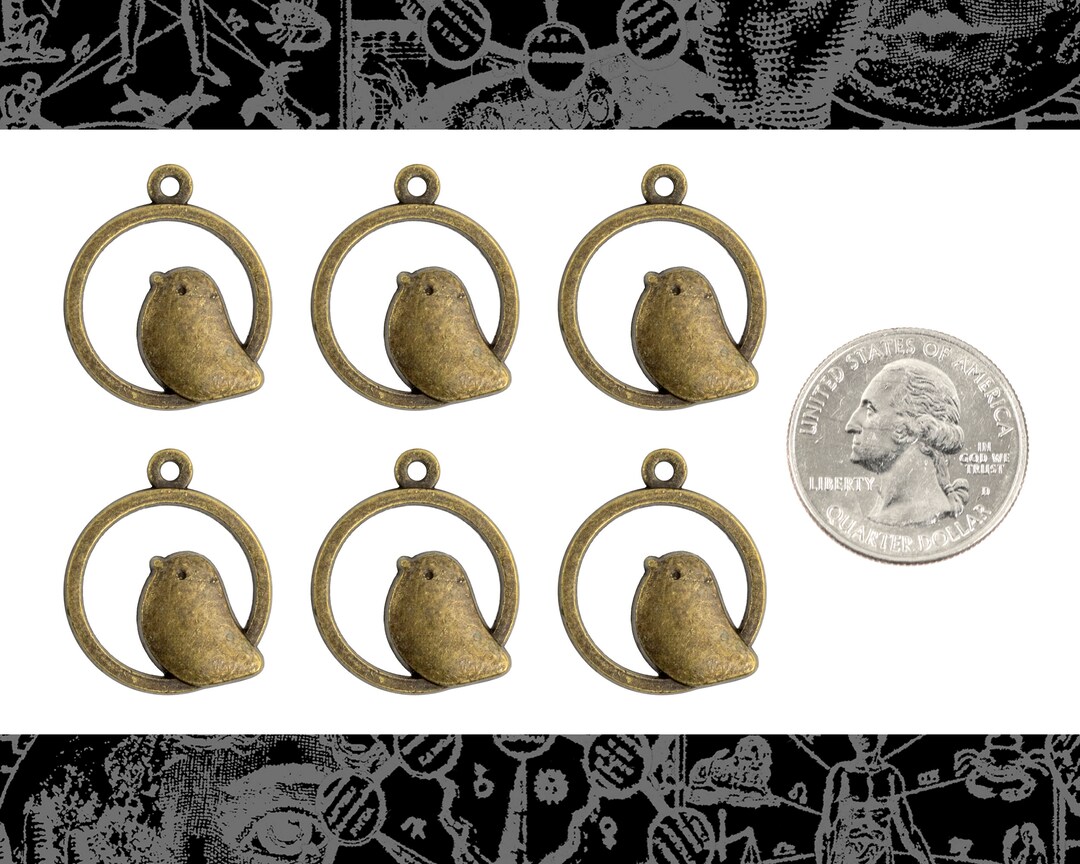 Bronze Finish Fat Bird Perched on a Ring Charms - Set of Six - ZB-C35 ...