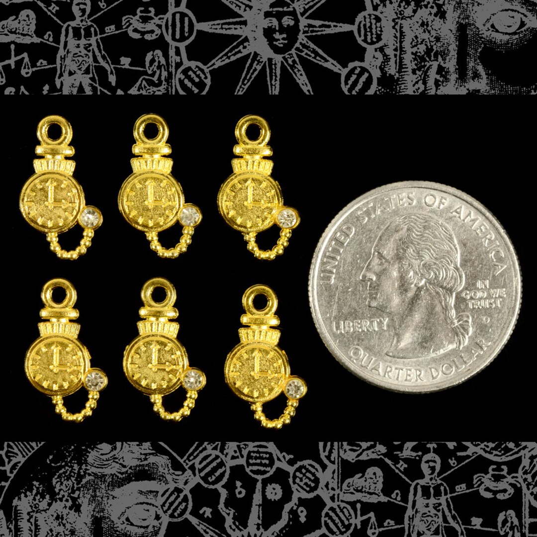 Gold Finish Tiny Pocket Watch Charms With Rhinestone - Set of Six - ZG ...