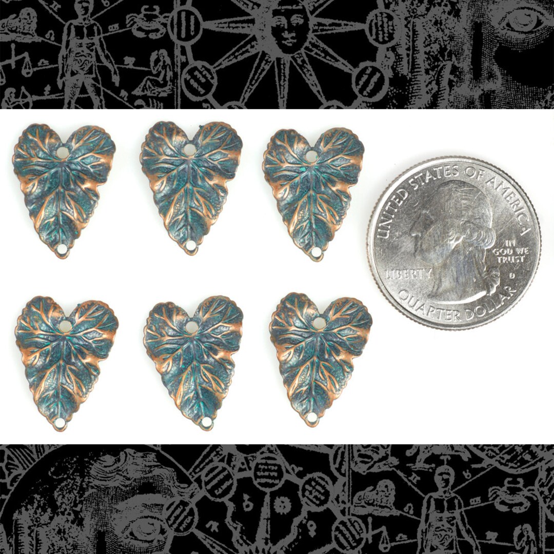 Verdigris Finished Brass Heart Shaped Leaf Connectors - Set of Six - V ...