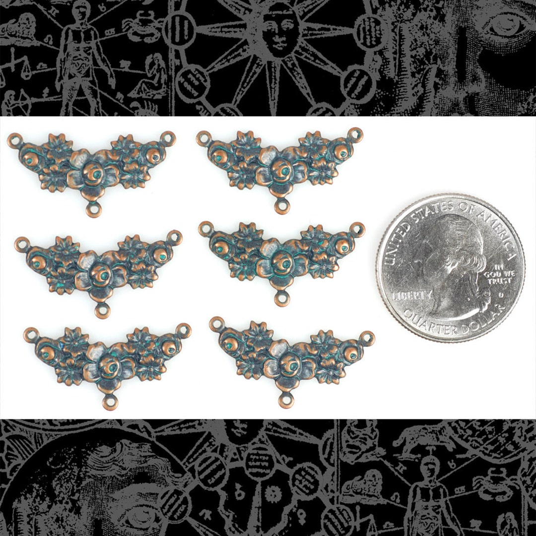 Verdigris Finished Brass Floral Spray Three Ring Connectors - Set of ...