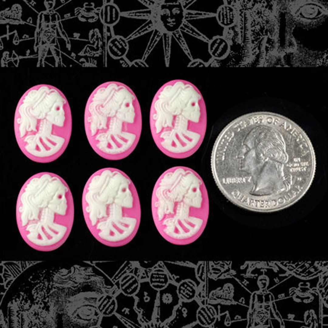 Bright Pink and White Skeletal Profile 13mm X 18mm Resin Cameos - Set ...