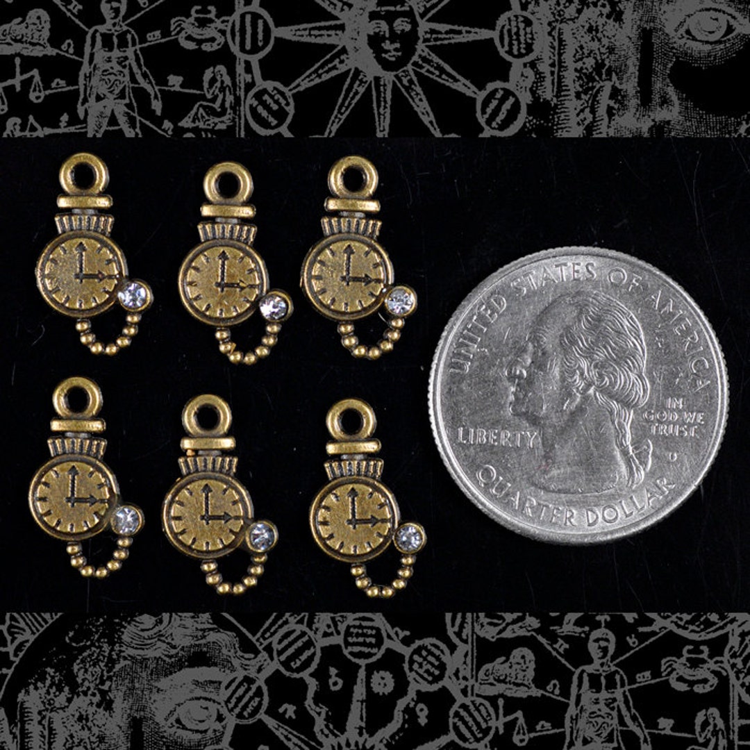 Bronze Finish Tiny Pocket Watch Charms With Rhinestones, Set of Six ...