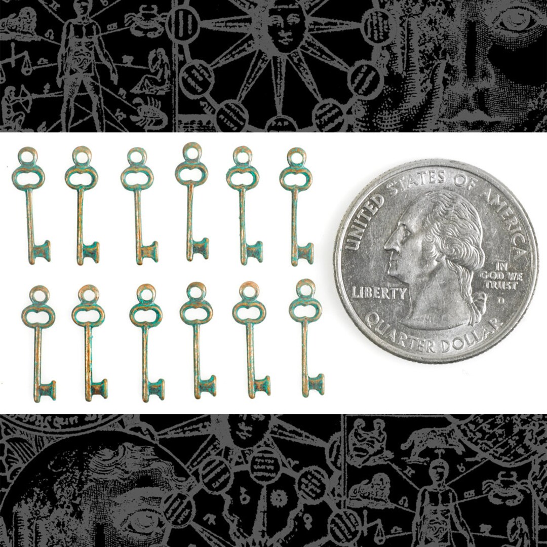 Mini Key Aqua Copper Plated Brass Charms Itty Bitty Teeny Weeny Brass ...