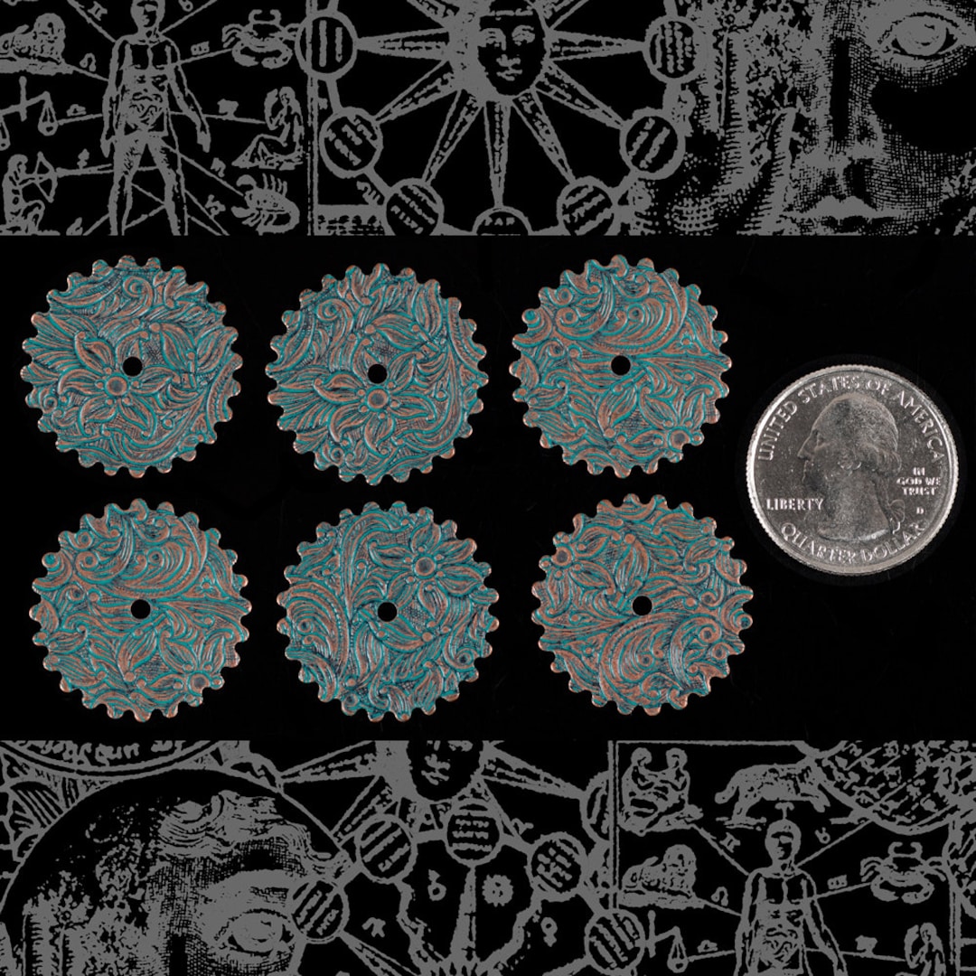 Six 25mm Floral Patterned Etched Steampunk Verdigris Plated Brass ...