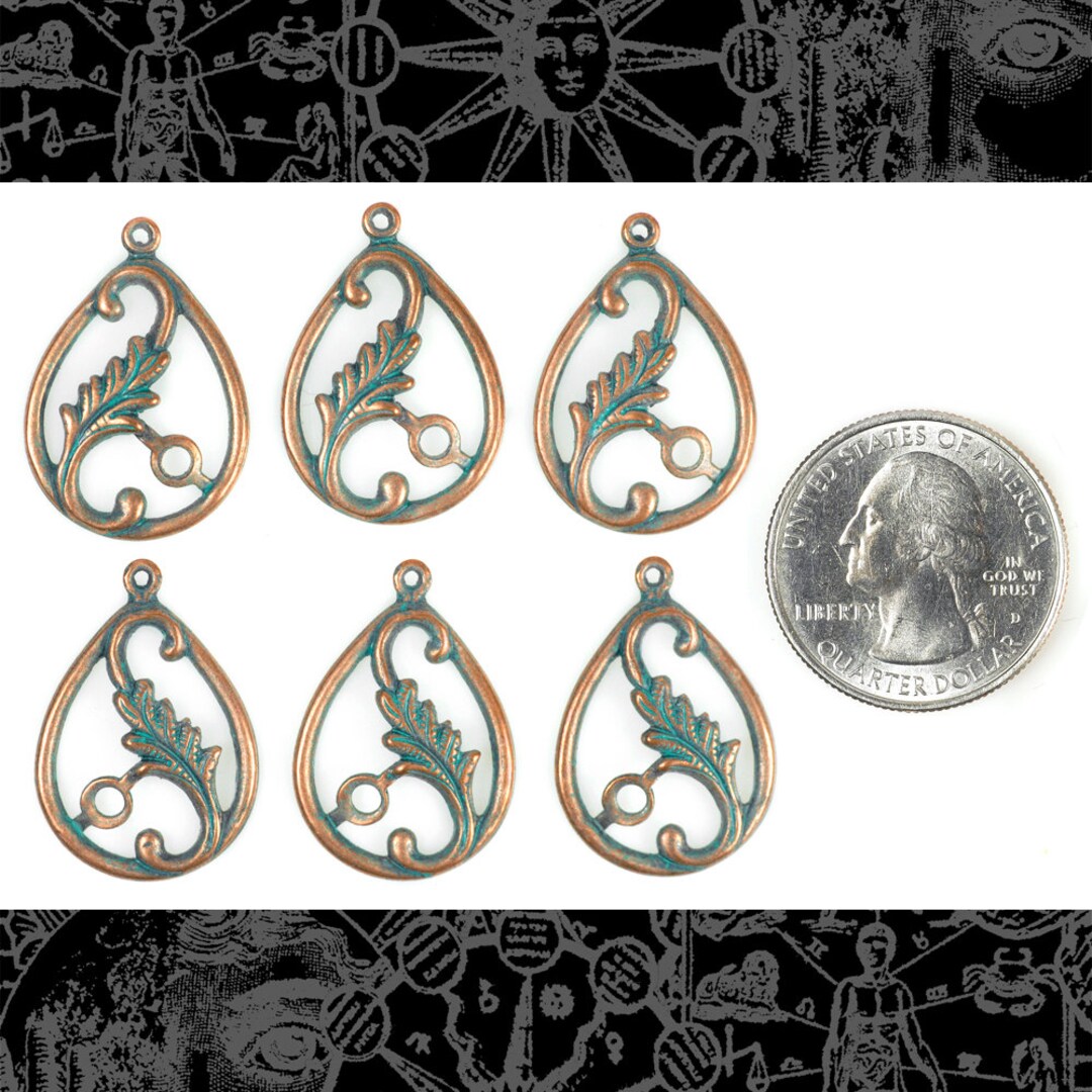 Verdigris Teardrop Filigree Mount Connectors or Charms, Set of Six ...