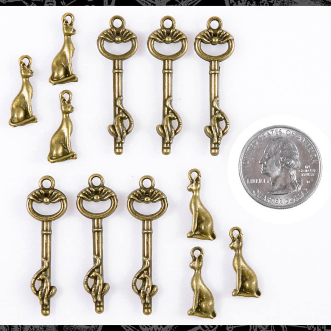 Bronze Finish Cat Key Pendant and Charm Set - Six Keys and Six Charms ...