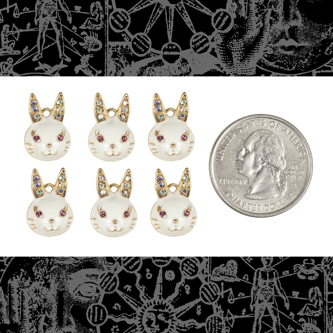 White Enamel on Gold Finish Bunny Face Charms With Crystals - Set of ...