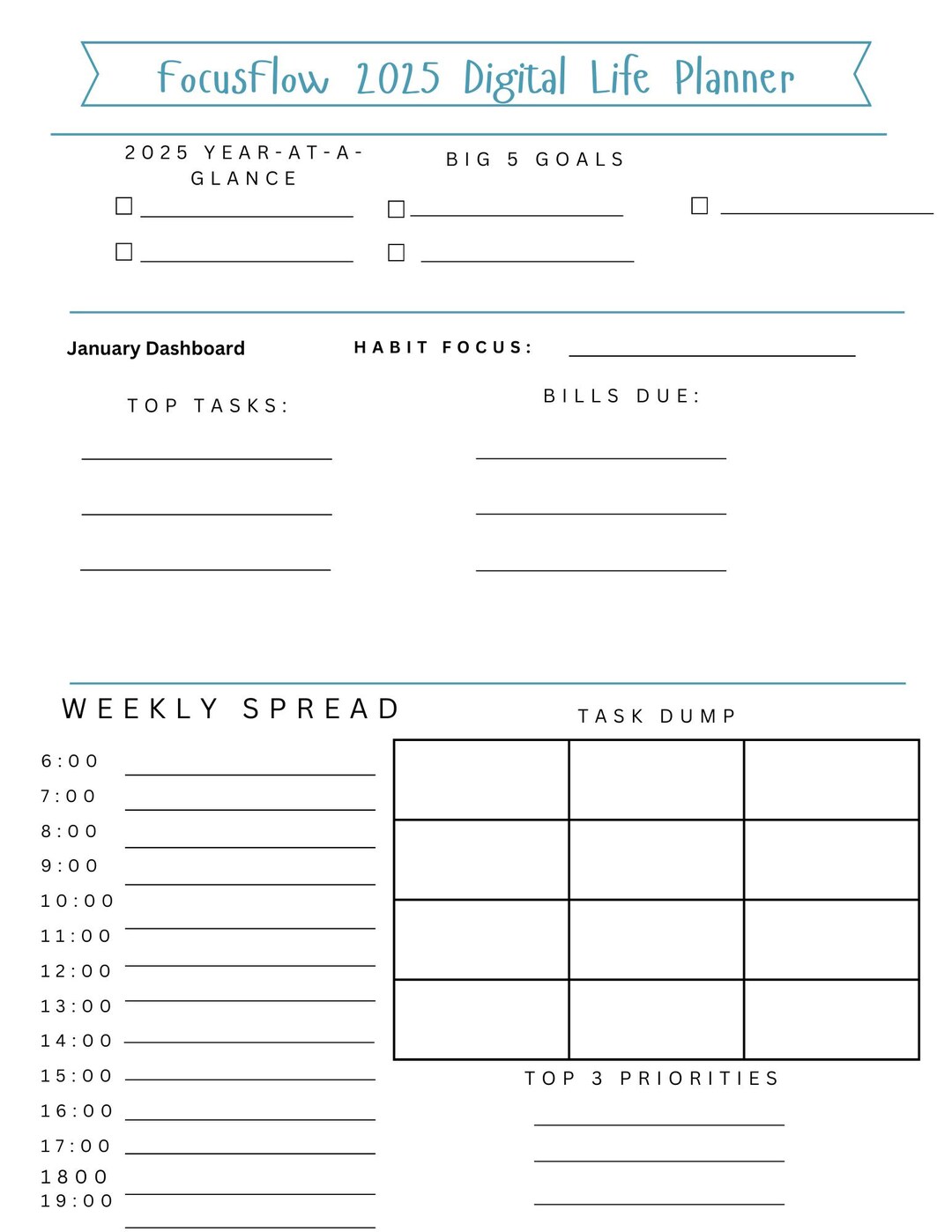 Focusflow Daily Planner PDF – Printable Productivity and Focus Worksheet for Goal Setting and ...