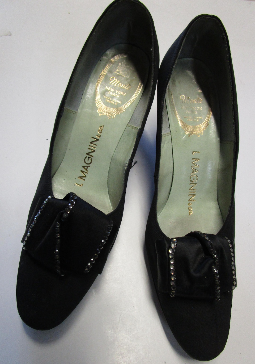 Vintage I Magnin Black Peau De Soie Shoes With Rhinestone Bow, Size 6.5 ...