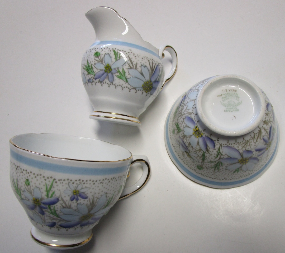 Vintage "devon" Tuscan Bone China 3 Pcs, White Blue Purple Flowers - Etsy