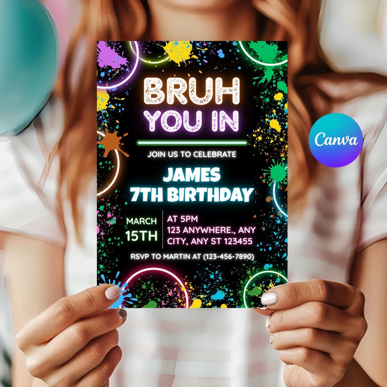 Neon Paint Splatter Birthday Invitation, Editable Canva Template ...
