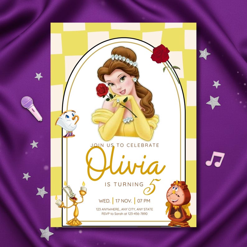 Princess Belle Birthday Invitation, Disney Princess Belle & the Beast ...