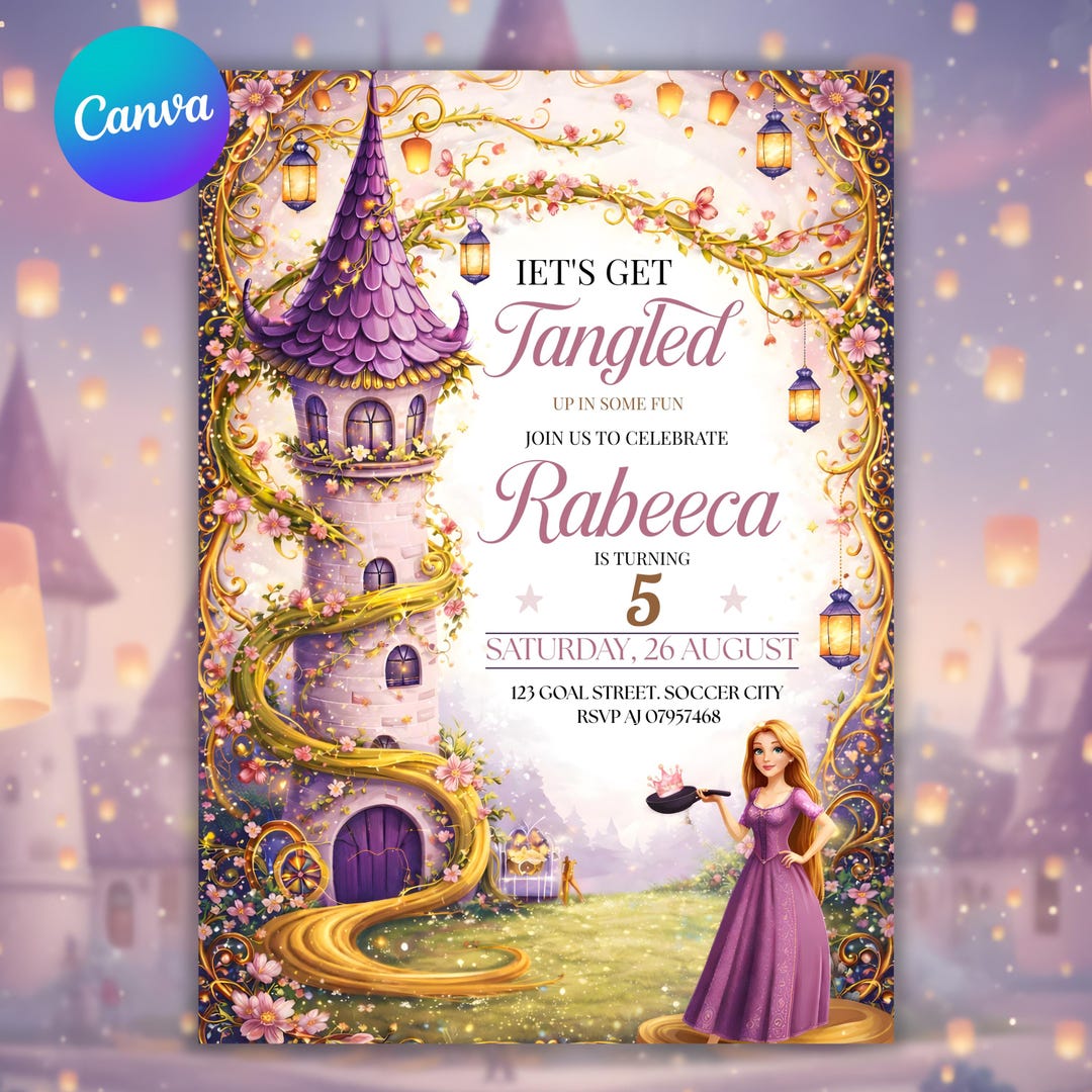 Editable Canva Fairytale Tower Birthday Invitation, Enchanted Lantern ...
