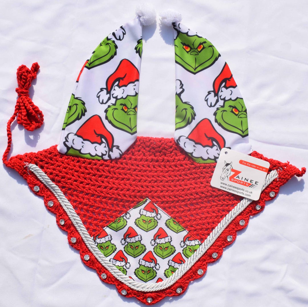 Handmade Horse Ear Bonnet Grinch Print Custom Crochet Fly Veil With ...