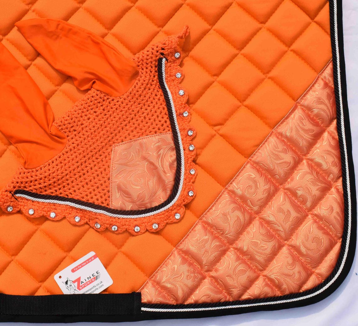 Orange Luxury Saddle Pad Set Matching Ear Bonnet – Holiday Horse Riding ...