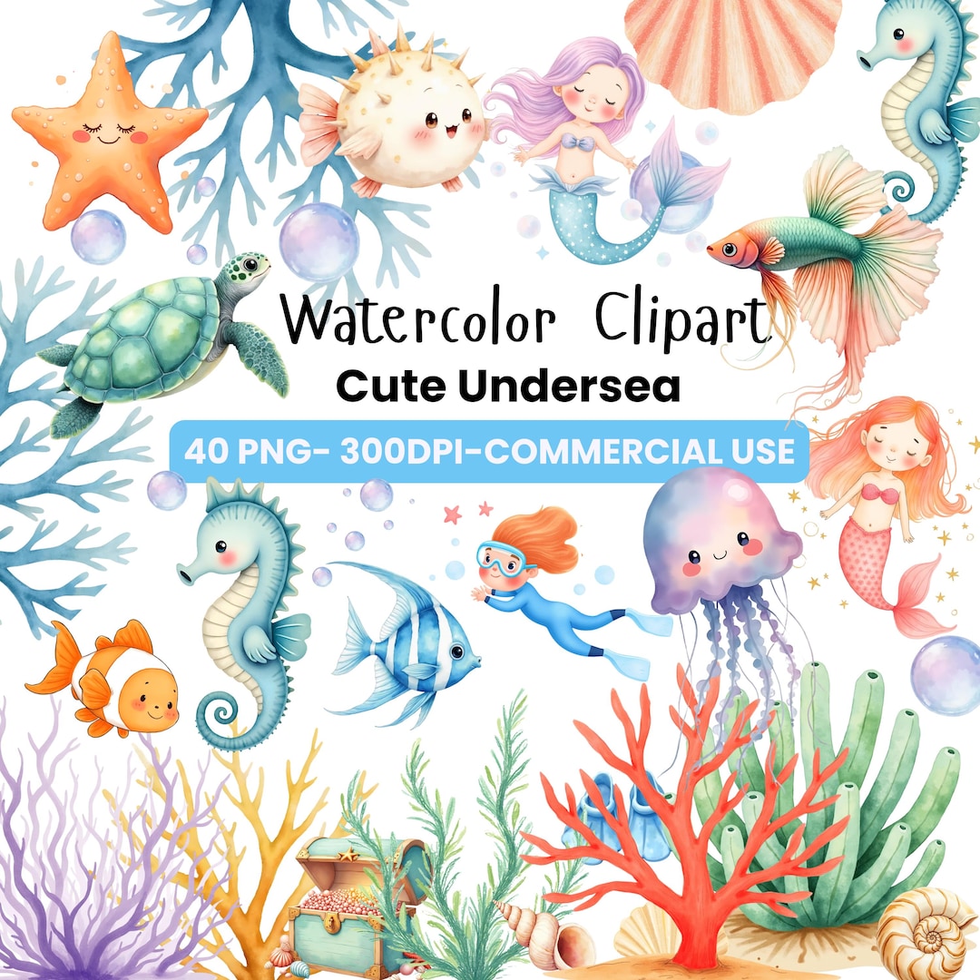 Watercolor Undersea Clip Art Bundle | Cute Ocean Fish, Turtles ...