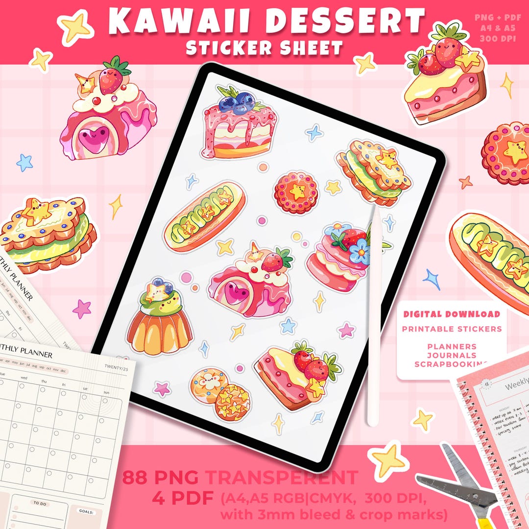Kawaii Dessert Stickers: Print & Cut, Planner Stickers (PNG/PDF ...