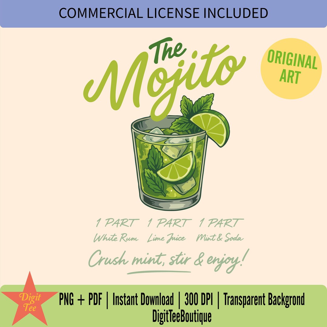Mojito PNG, Retro Cocktail Recipe SVG, Mint Lime Sublimation Design ...