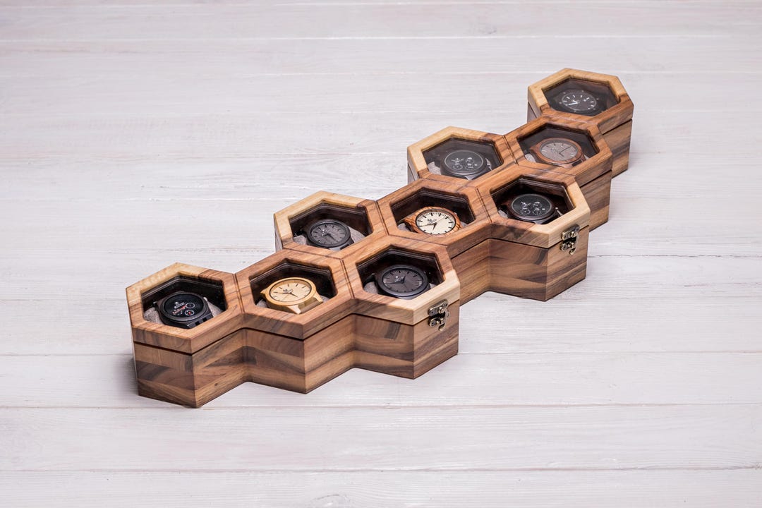 Hexagon Watch Box for 1–10 Watches – Walnut Wood Display Case With ...