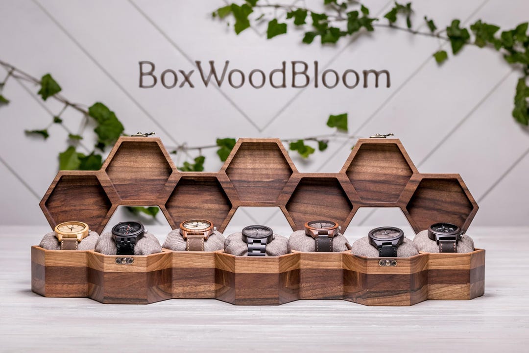 Hexagon Wooden Watch Box for 1–10 Watches, Walnut Watch Organizer With ...