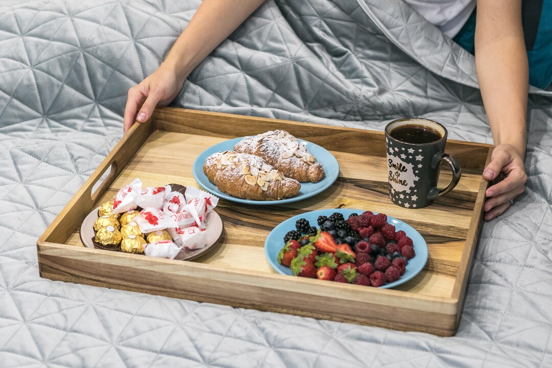 Wood Serving Tray, Solid Walnut or Oak Breakfast Tray, Rustic Wooden ...