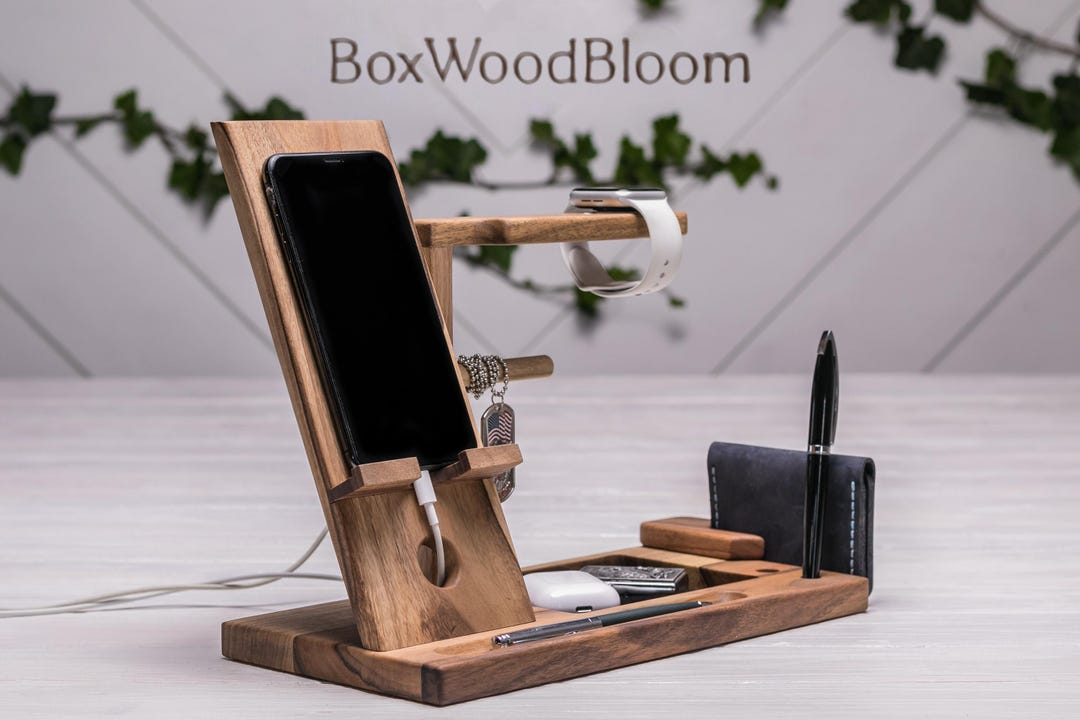 Wooden Docking Station, Natural Wood Charging Stand, Walnut Desk ...