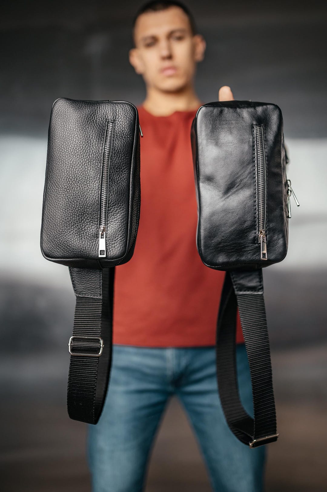 Mens Small Black Leather Funny Pack With Zippered Pockets, EDC ...
