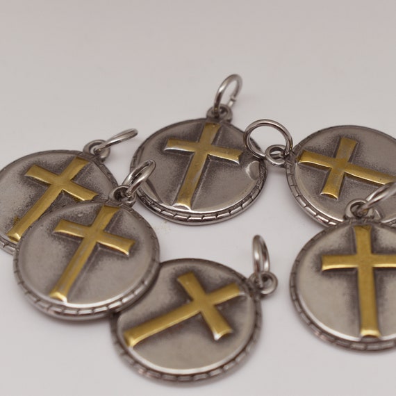 Round Pendant With Gold Tone Cross Stainless Steel - Etsy