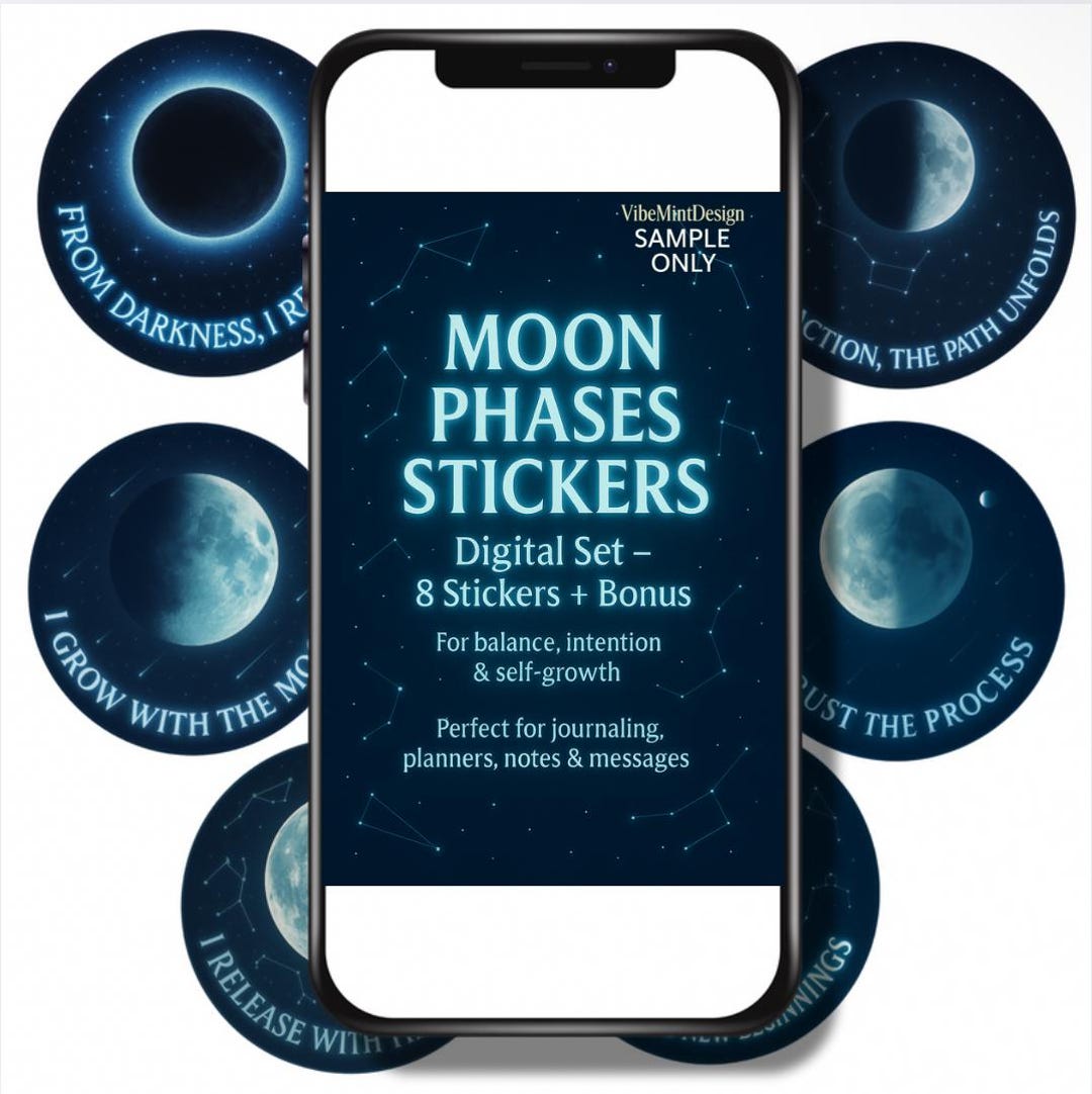 Moon Phases Stickers Digital Set – 8+1 Bonus Cosmic Stickers - Etsy