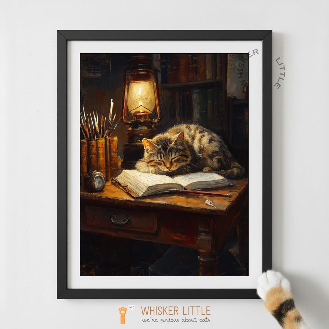 Vintage Cat in Library Art Print: Cozy Study Decor (digital Download ...