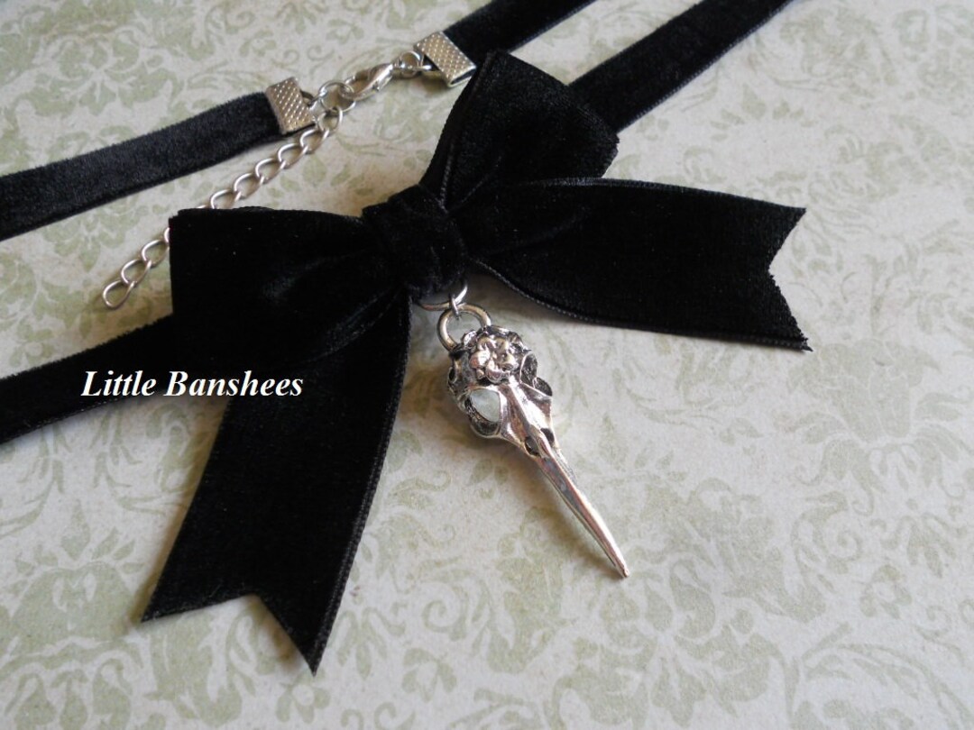 Raven Bird Skull Choker Necklace With Black Bow Pastel Goth Lolita ...