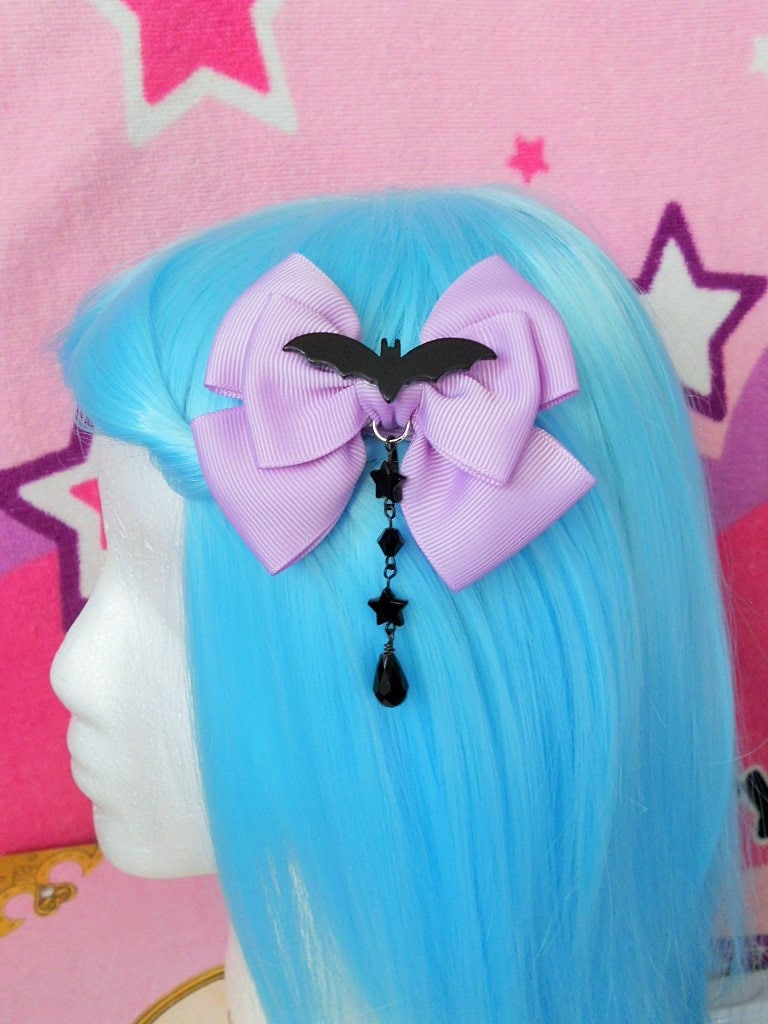 Pastel Goth Small Pink Bow With Black Bat and Black Beads Hair Clip or ...