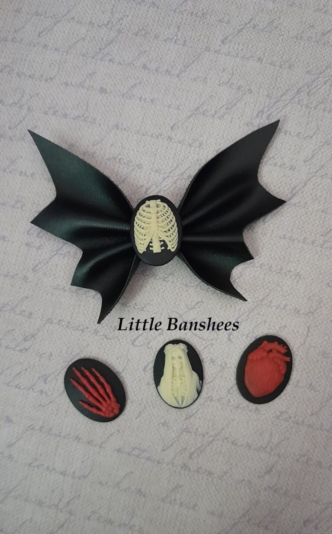 Bat Wings Hair Bow Clip Skeleton Hand Rib Cage Santa Muerte Heart Cameo ...