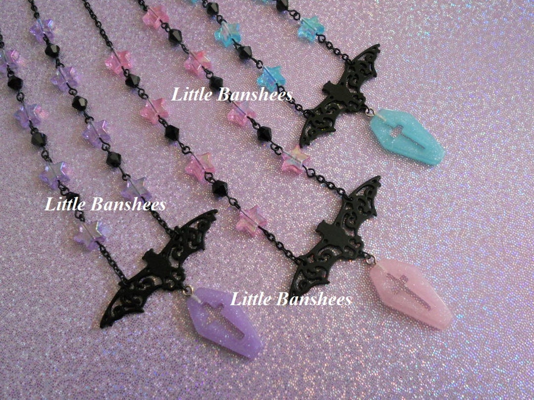Bat and Coffin Cross Necklace With Stars Pastel Goth Pink Blue Purple ...