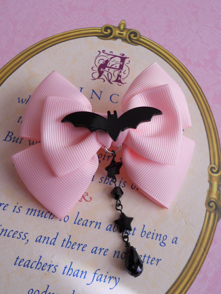 Pastel Goth Small Pink Bow With Black Bat and Black Beads Hair Clip or ...