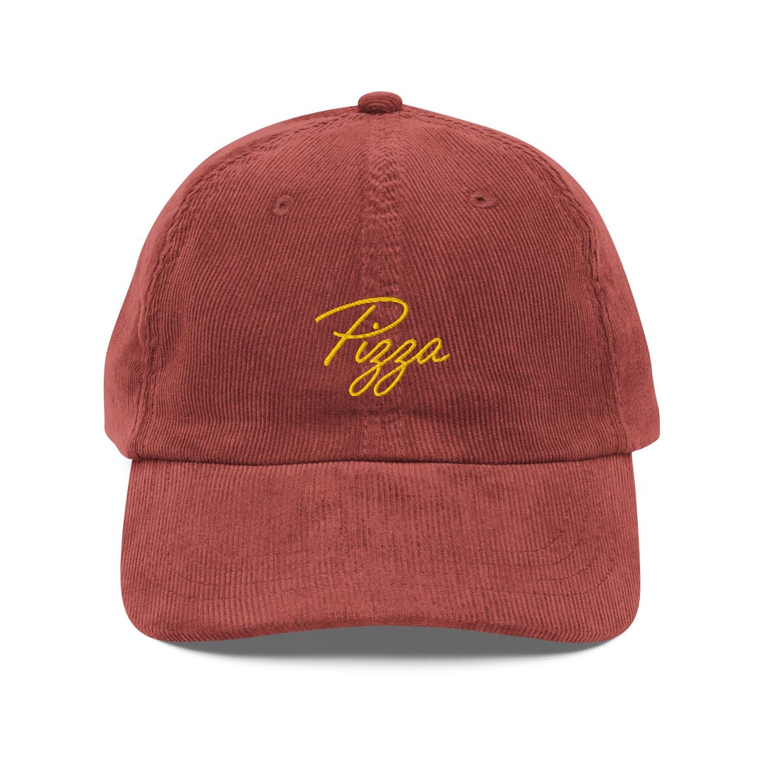 Pizza Embroidered Hat – Red Corduroy Cap, Yellow Script Text, Ironic ...