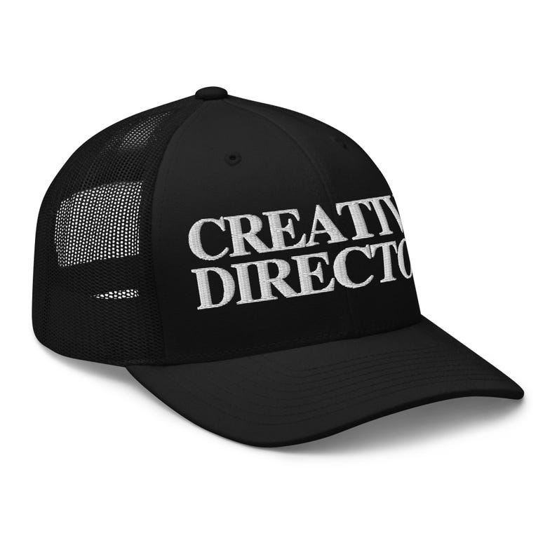 CREATIVE DIRECTOR Embroidered Trucker Hat – Black Mesh Cap, Bold Serif ...