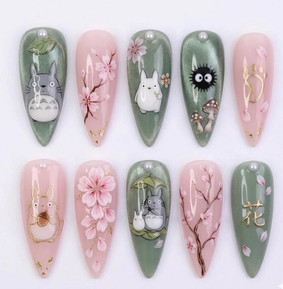 Terranails – Totoro Sakura Press on Nails, Pink Green Anime Nails, Cute ...