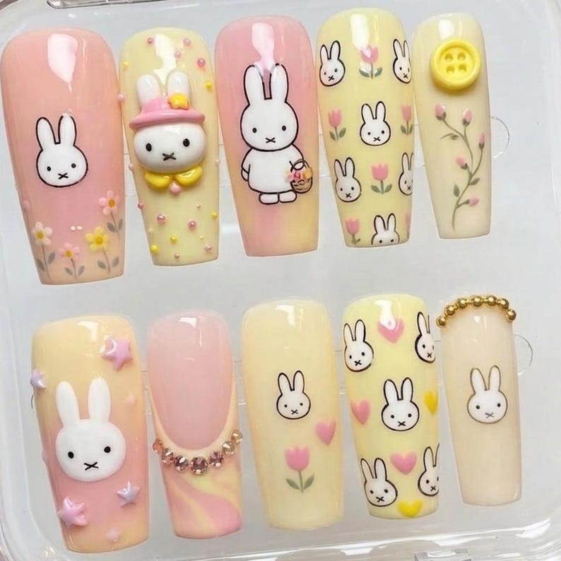 Terranails – Pastel Bunny Cartoon Press on Nails Yellow Pink Ombre ...