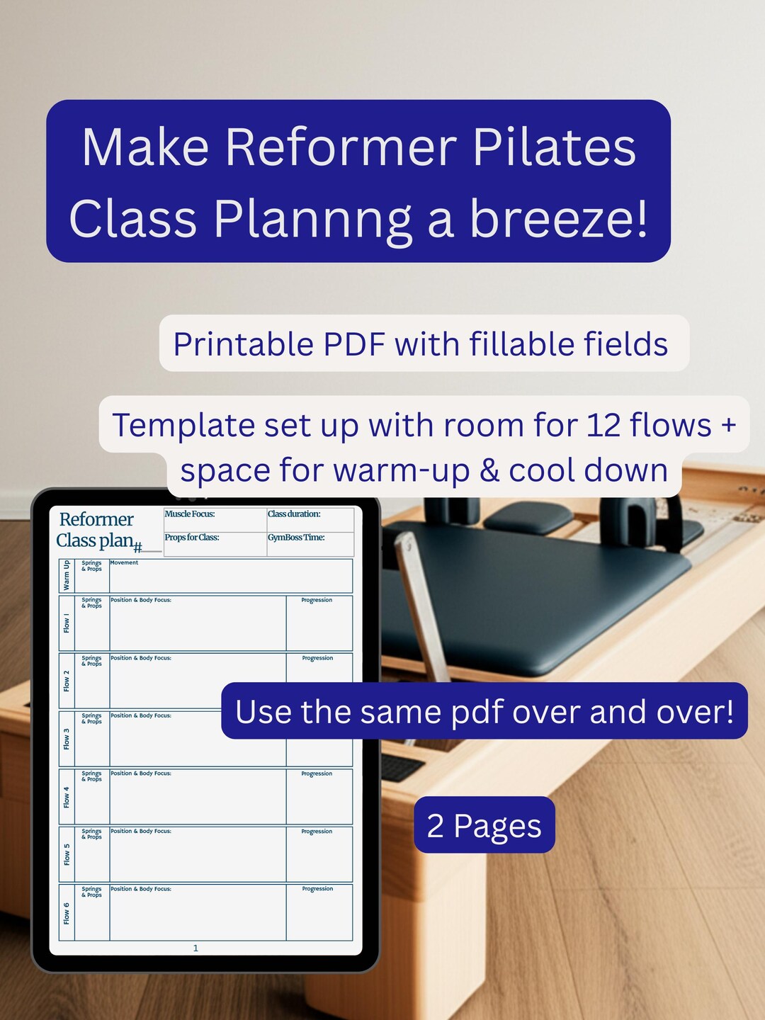 Pilates Class Planner Reformer Template PDF Fillable Fields – Navy Blue ...