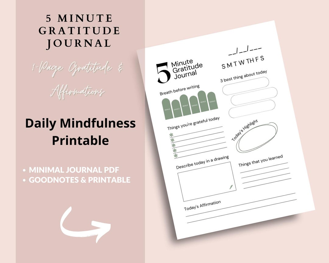5 Minute Gratitude Journal | Daily Affirmations, Mindfulness (PDF ...