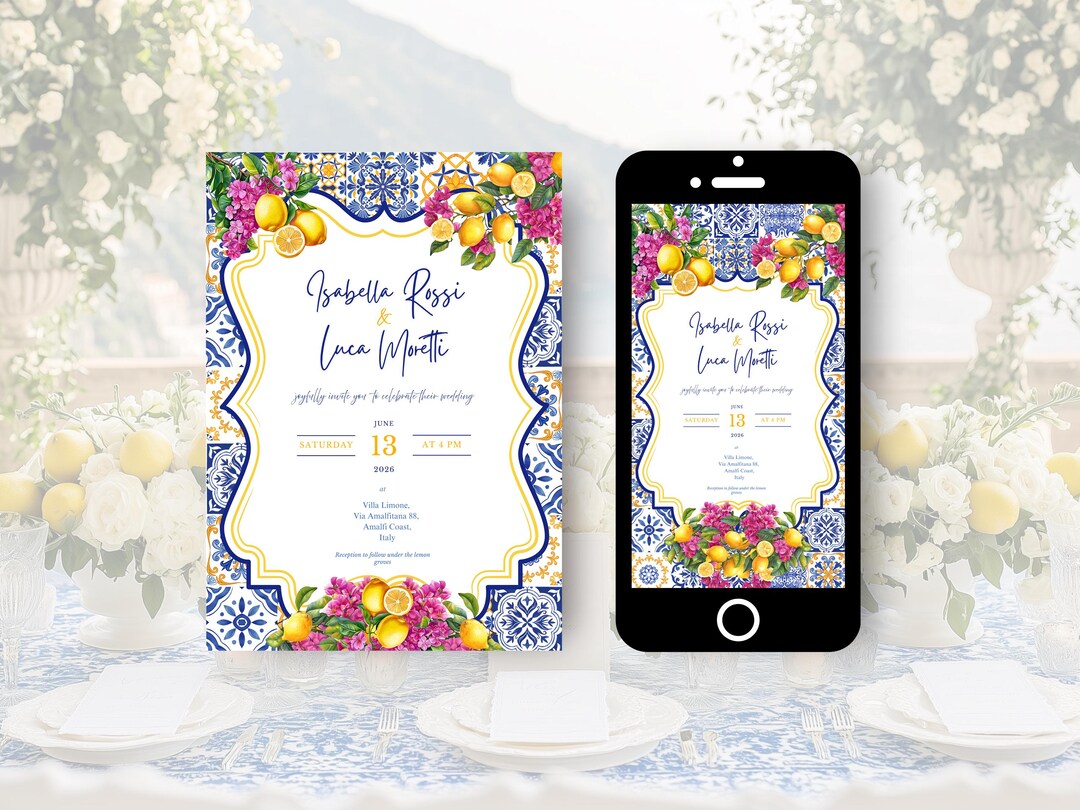 Mediterranean Amalfi Lemon Wedding Invitation Main Invite Template ...