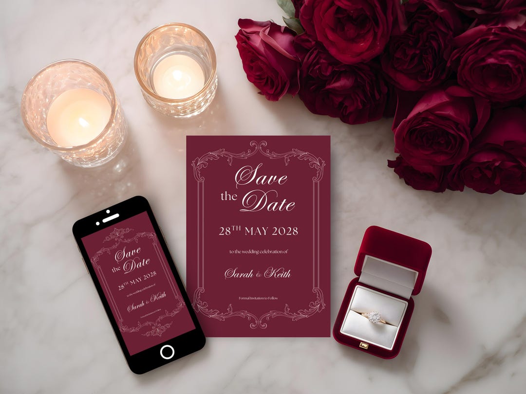 Luxury Burgundy Save the Date Template, Canva Editable Template ...