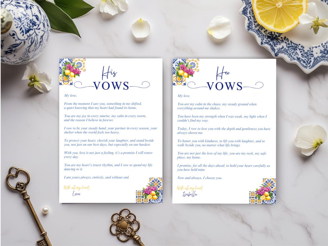 Mediterranean Amalfi Lemon His and Her Vows Template, Italian Blue ...