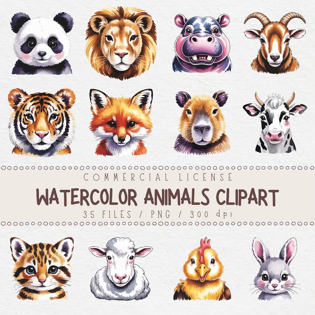 Watercolor Cute Animals Clipart, Cute Animal PNG Bundle, Watercolor ...