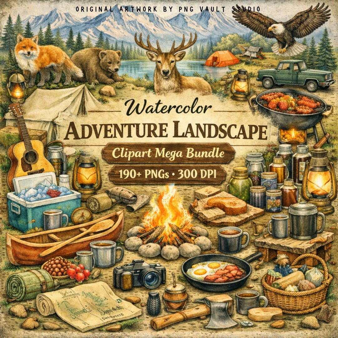 Watercolor Camping Clipart PNG Bundle, 194 Adventure Wilderness ...