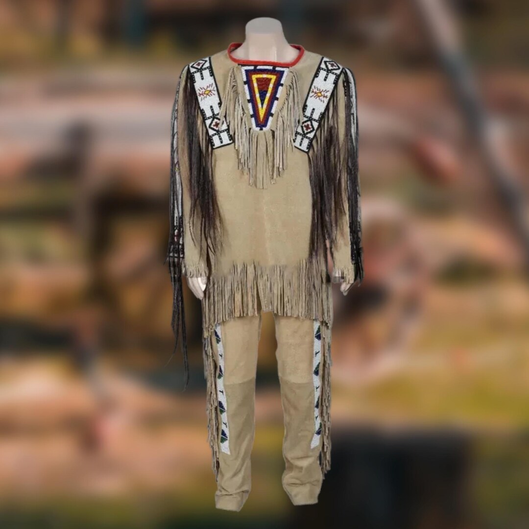Beige Suede Beaded Pow Wow Regalia: Native American War Shirt & Pants ...